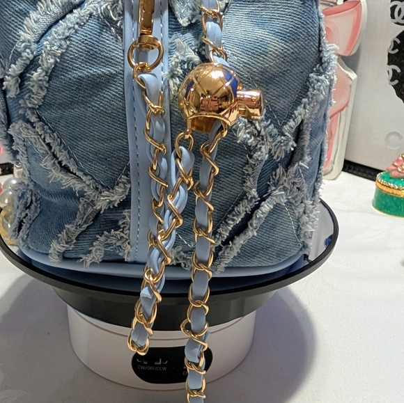 Bags | Boho Chic Raw Edge Denim Drawstring Bucket Bag With Gold Chain ...